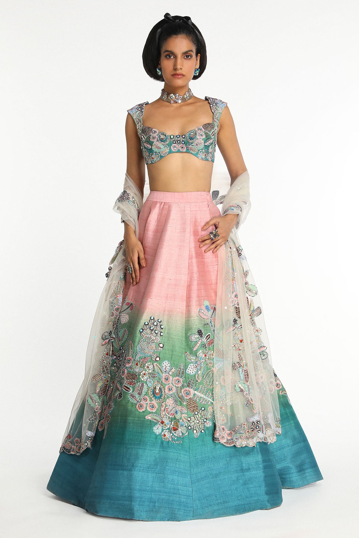 Buy Azurena Aurora Ombre Raw Silk Lehenga Set Online | Aisha Rao